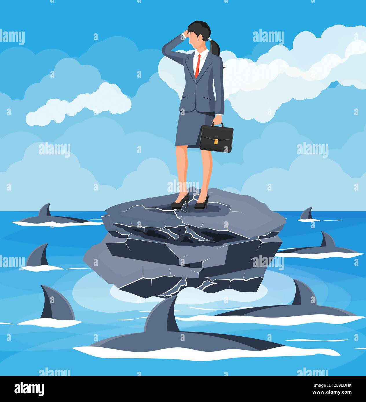Worried businesswoman on tiny island in sea and surrounded by sharks ...