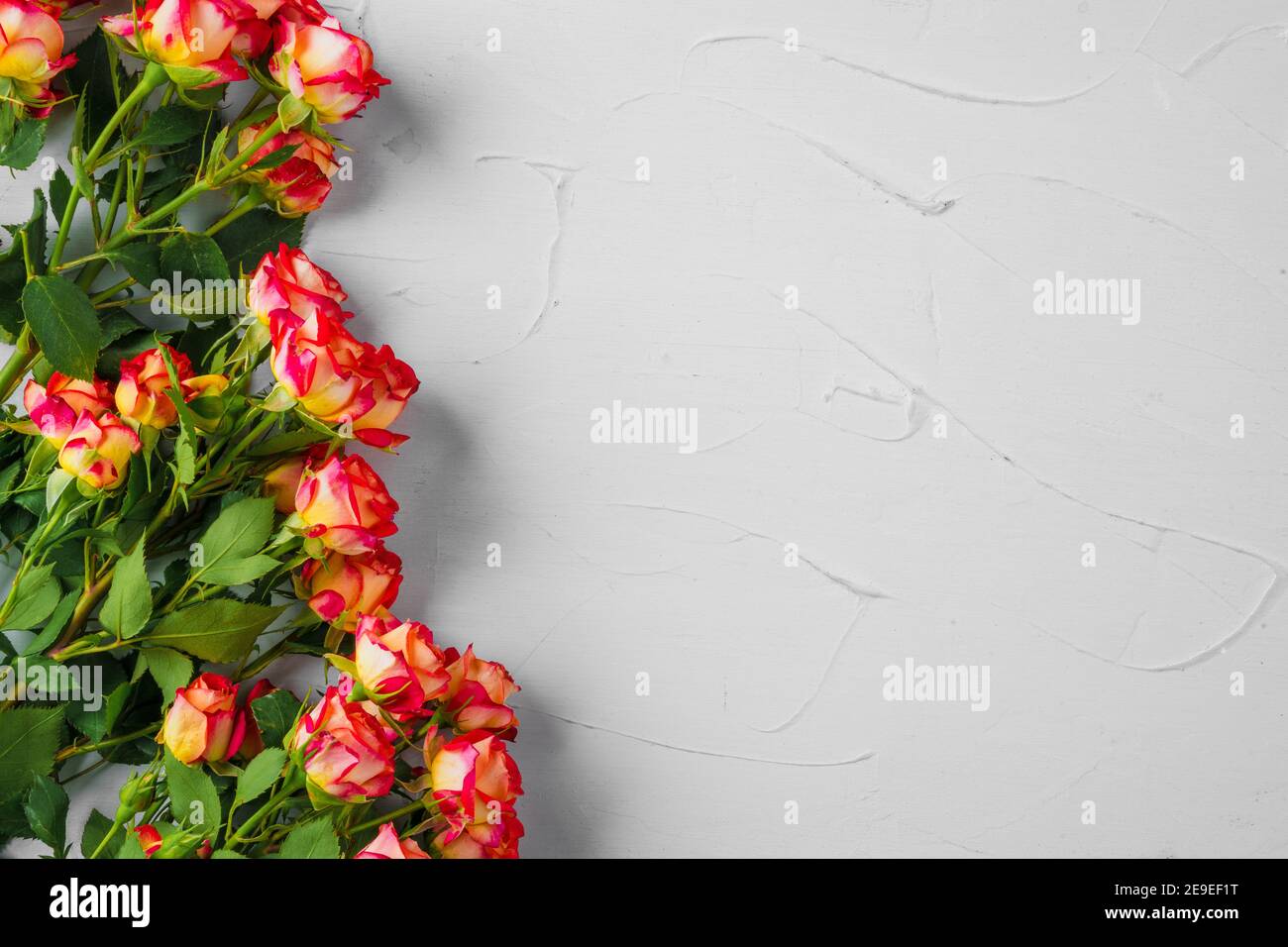 Small roses bouquet on light grey textured background with copy space ...