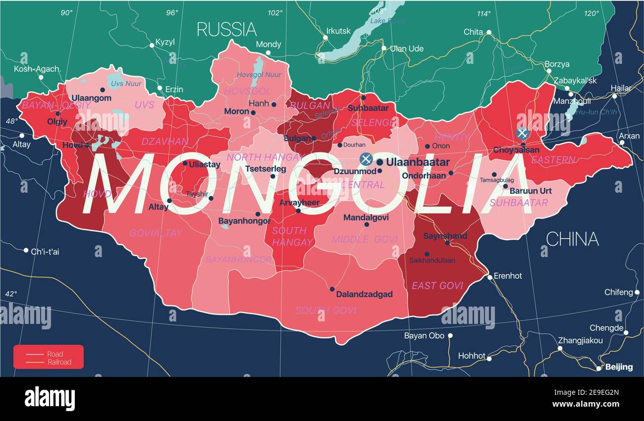 Mongolia country detailed editable map with regions cities and towns ...