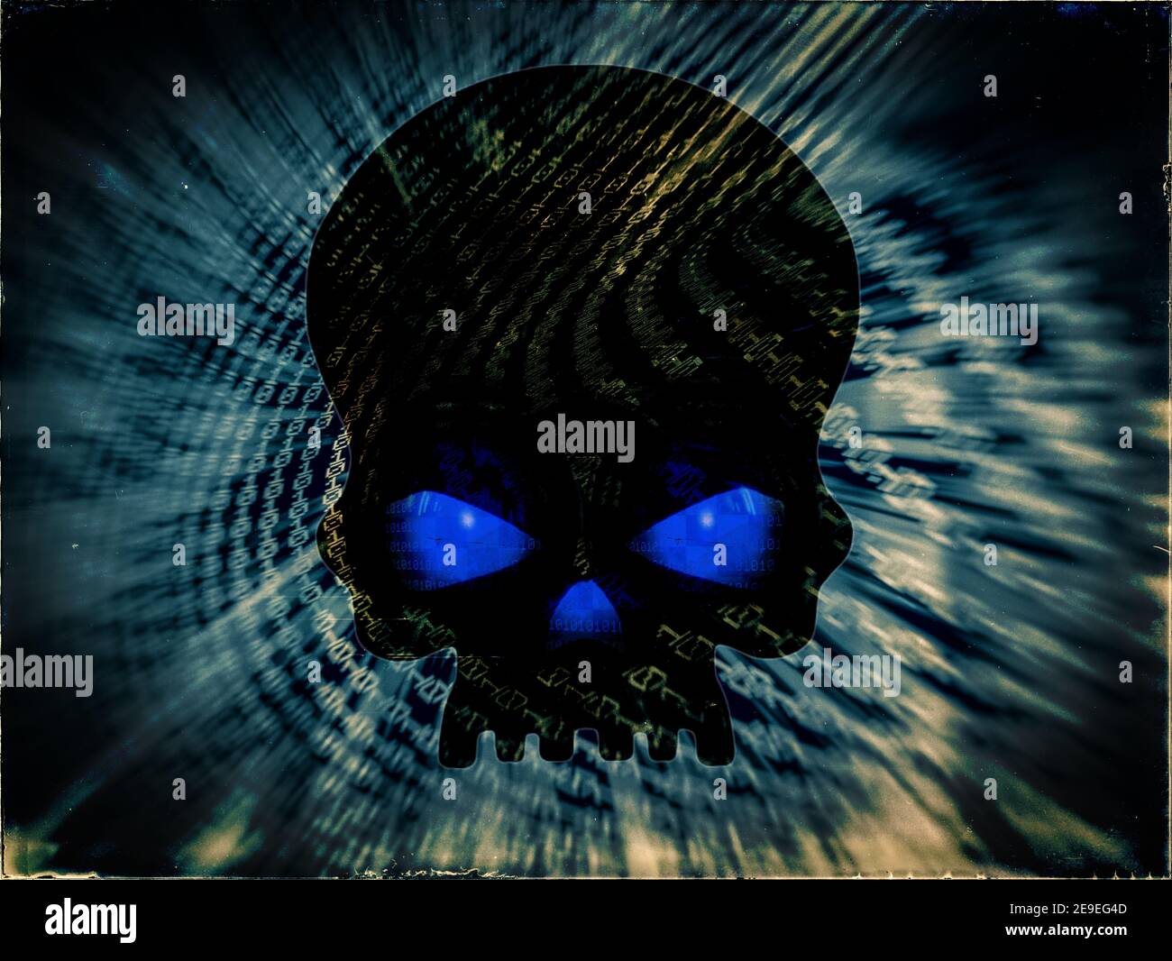 Black skull with blue eyes on a binary code blue background Stock Photo ...