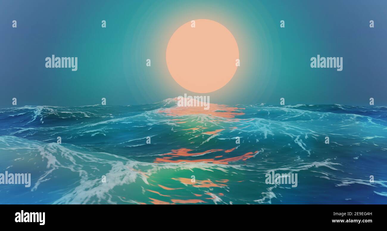 seascape. sunset is a large disk of the orange sun. glitter reflection ...