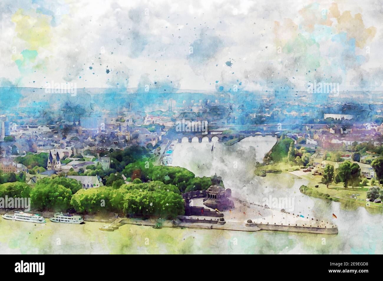 Watercolor painting of Rhine gorge in Germany. Deutsches Eck place in ...