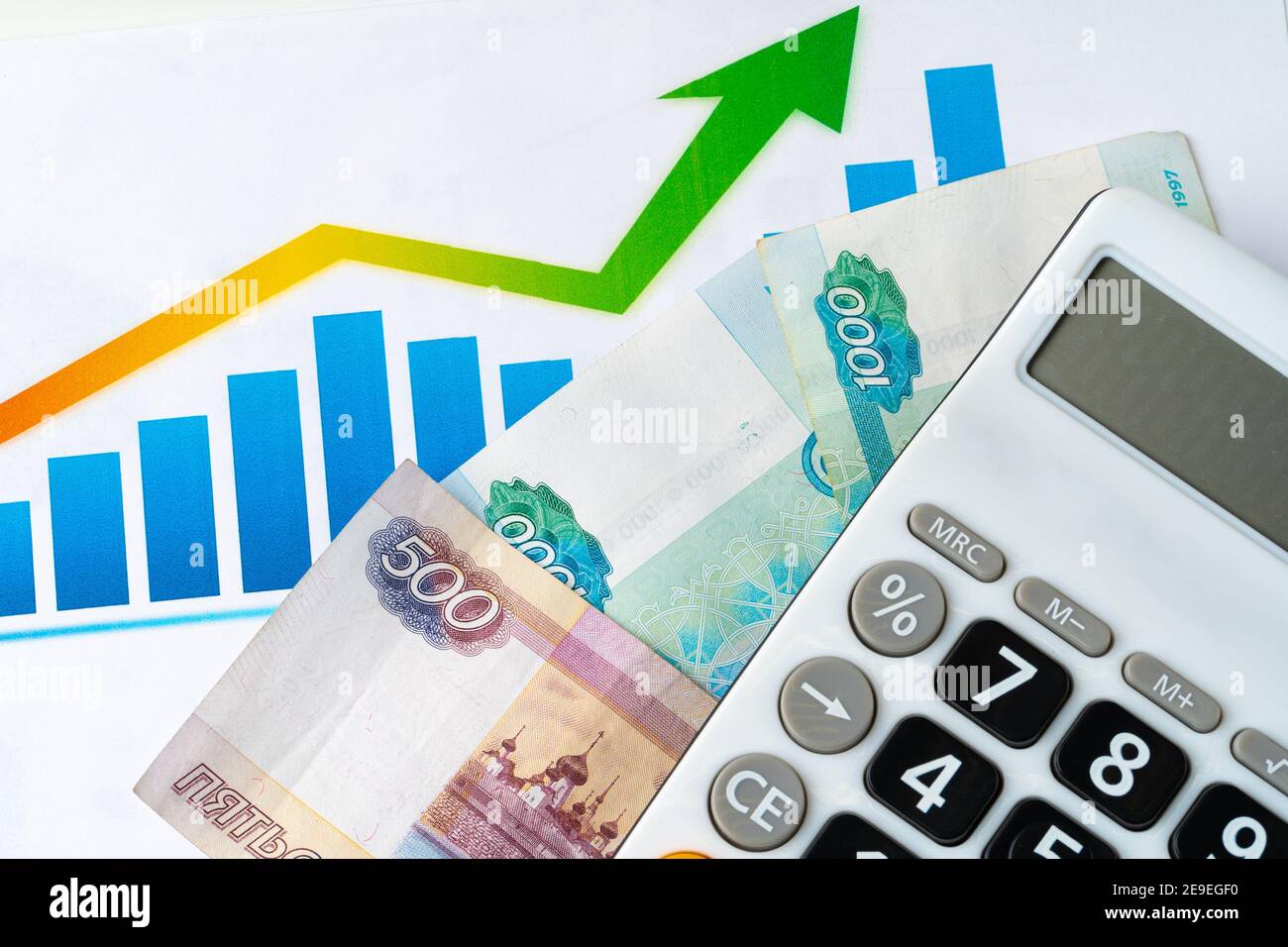 Financial chart with Russian rubles money stack with calculator ...