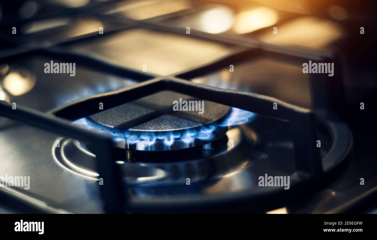 Kitchen modern gas cooker with burning fire propane gas. Gas stove ...