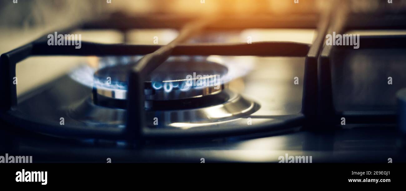 Kitchen modern gas cooker with burning fire propane gas. Gas stove ...