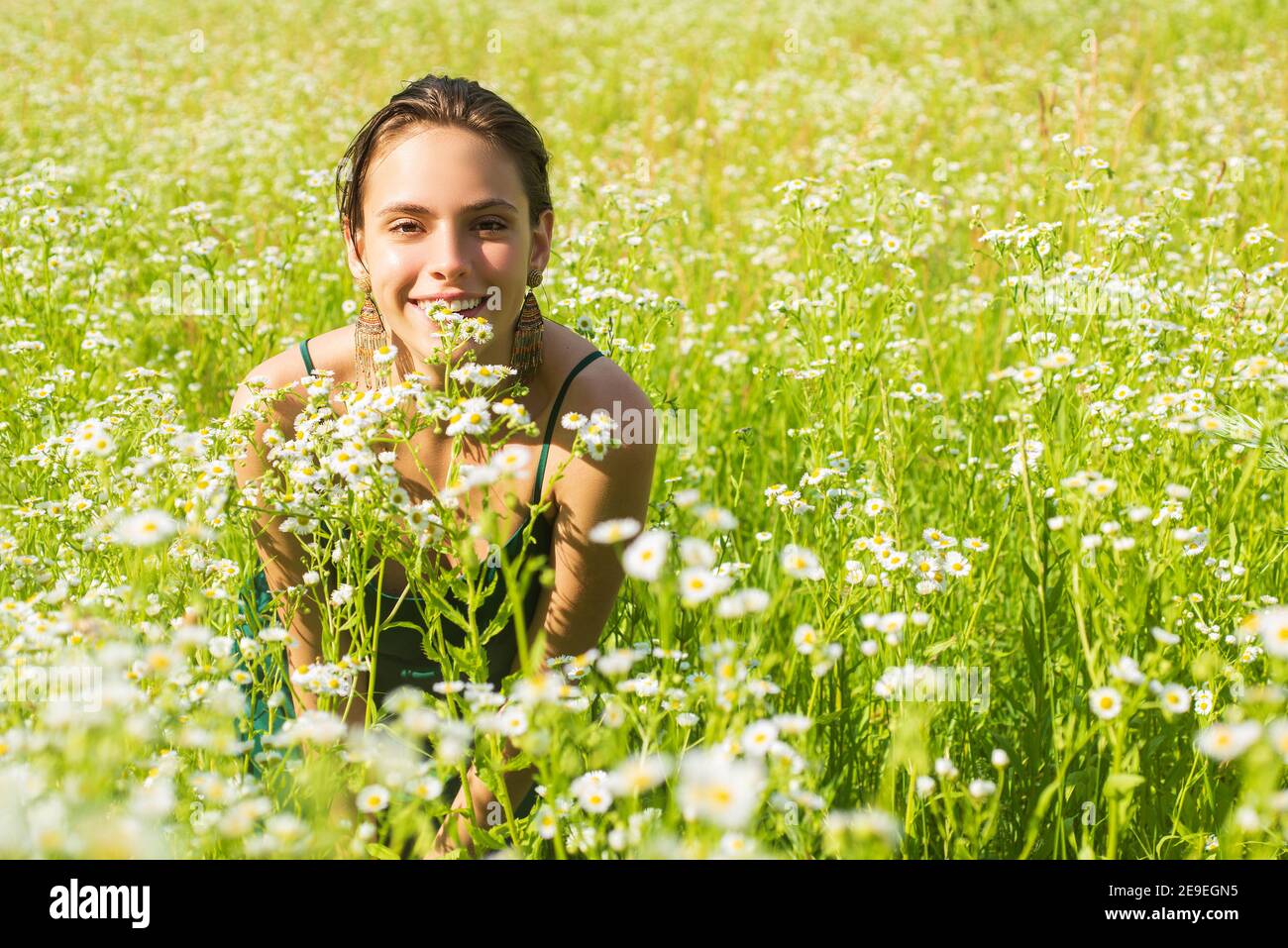 Spring girl outdoor in summer field. Healthy breathing concept, Unity ...