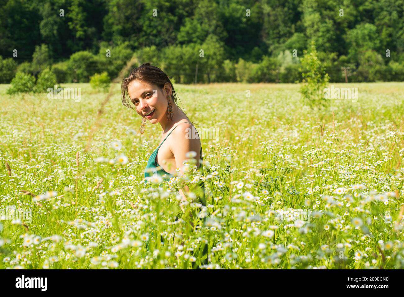 Spring woman outdoor in summer field. Healthy breathing concept, Unity ...