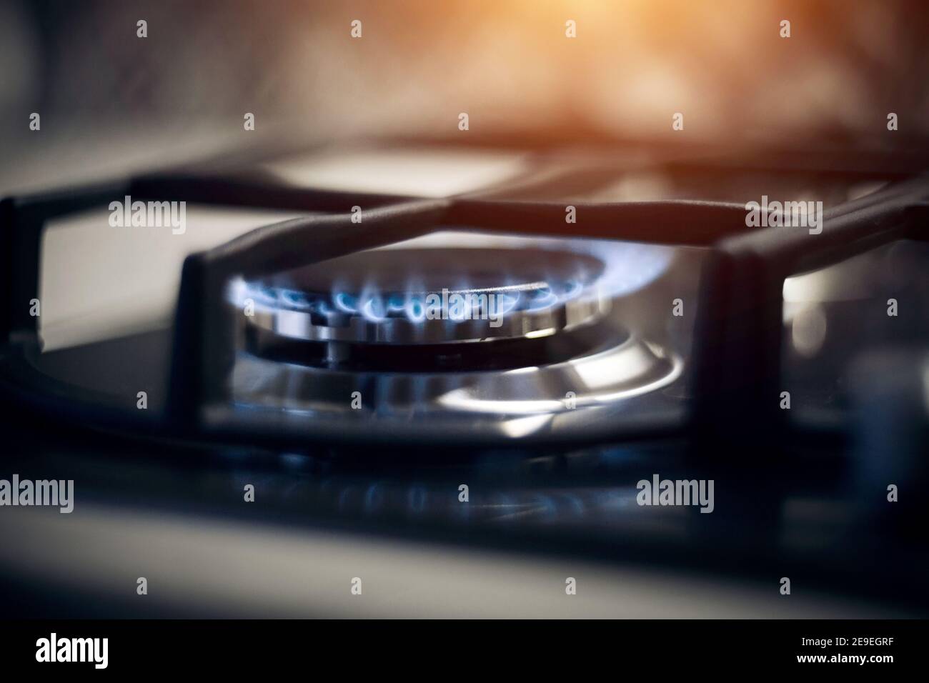 Kitchen modern gas cooker with burning fire propane gas. Gas stove ...