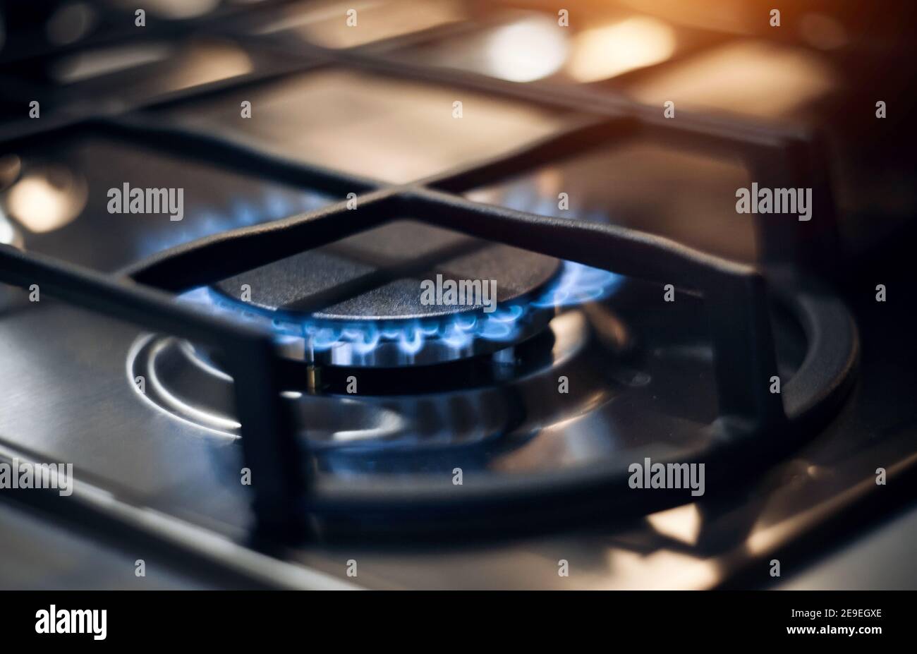 Kitchen modern gas cooker with burning fire propane gas. Gas stove ...