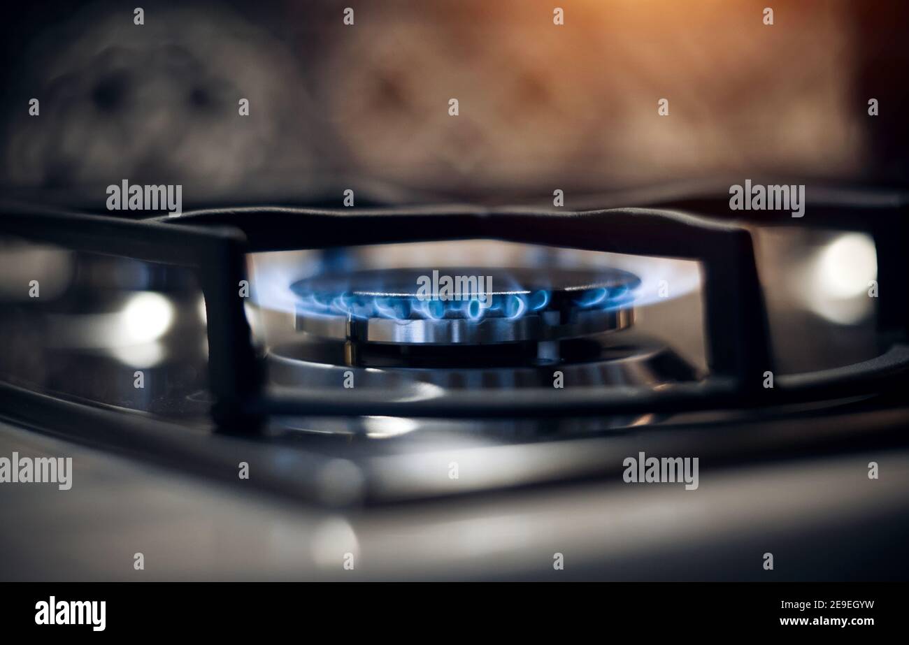 Kitchen modern gas cooker with burning fire propane gas. Gas stove ...