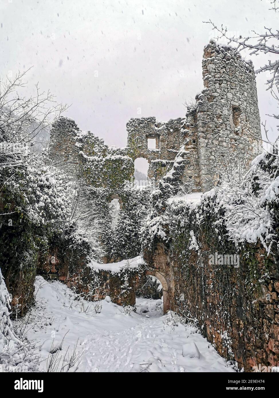 Old castle ruins in winter. Stone walls, fort, medieval, history ...