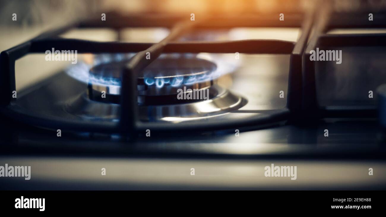 Kitchen modern gas cooker with burning fire propane gas. Gas stove ...