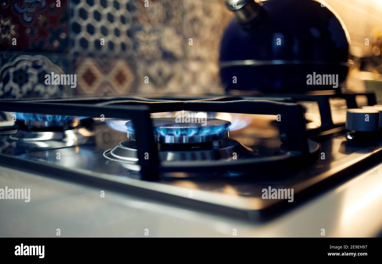 Kitchen modern gas cooker with burning fire propane gas. Gas stove ...