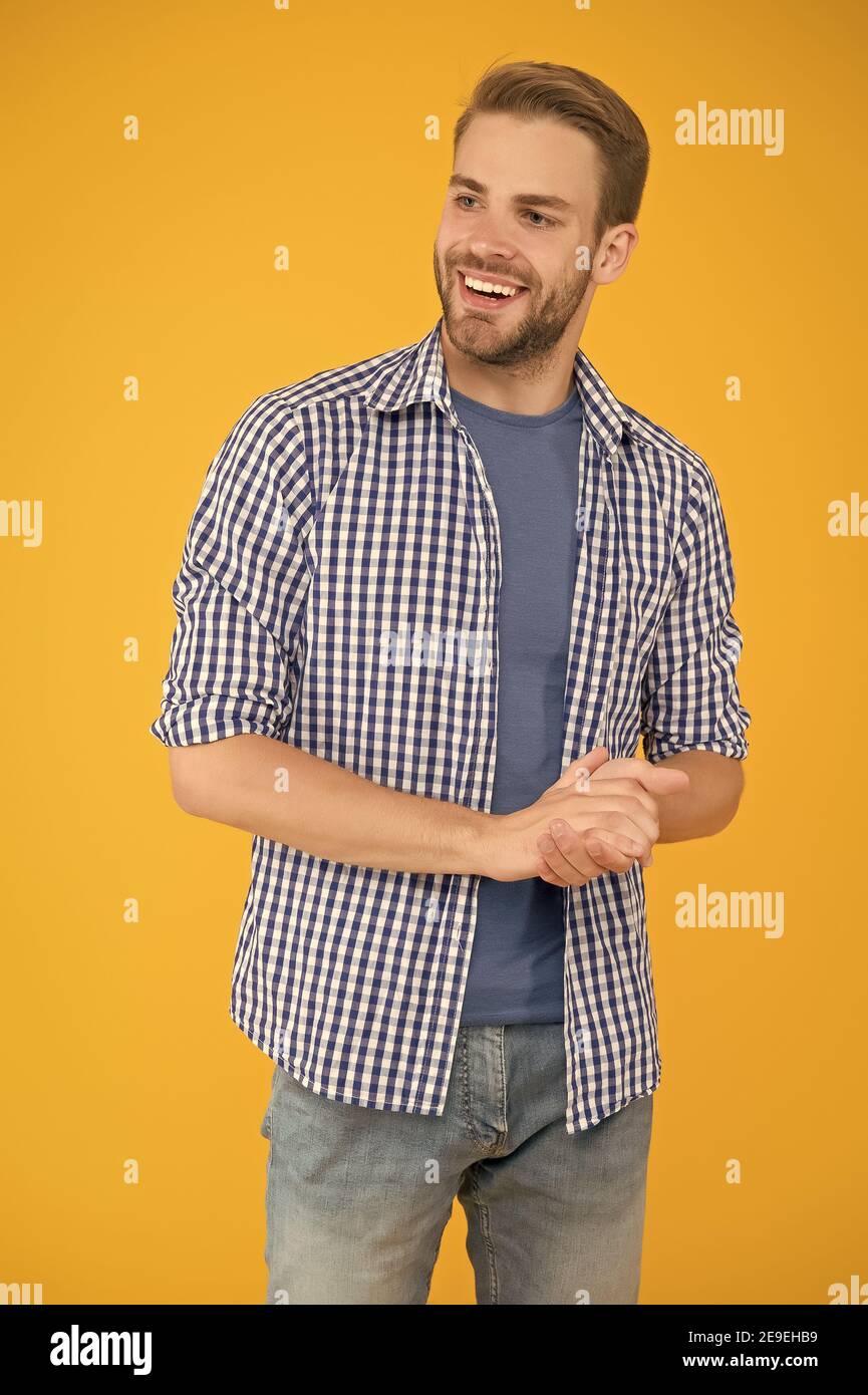 Kind person. Cheerful mood. Man looks handsome in casual style. Guy ...