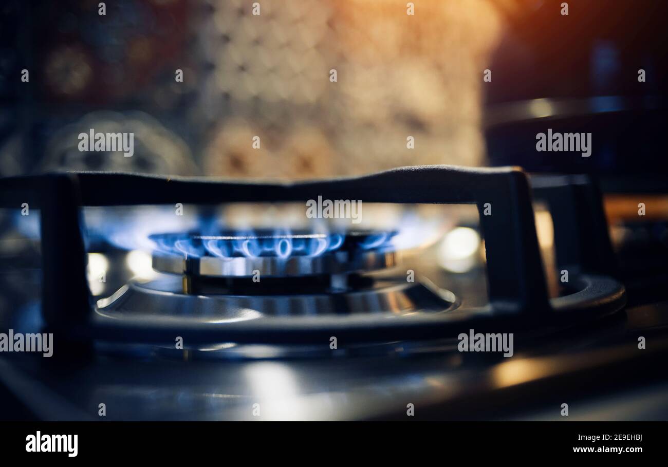 Kitchen modern gas cooker with burning fire propane gas. Gas stove ...