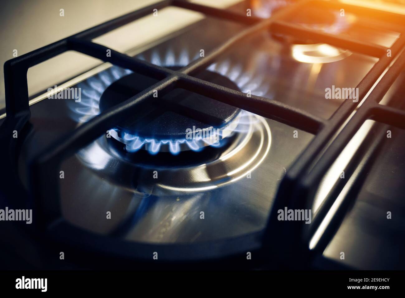 Kitchen modern gas cooker with burning fire propane gas. Gas stove ...