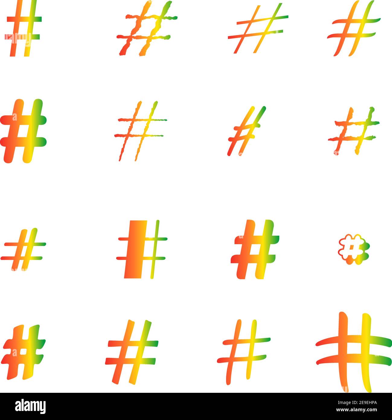 Hashtag signs. Number sign, hash sign. Collection of 16 color symbols ...