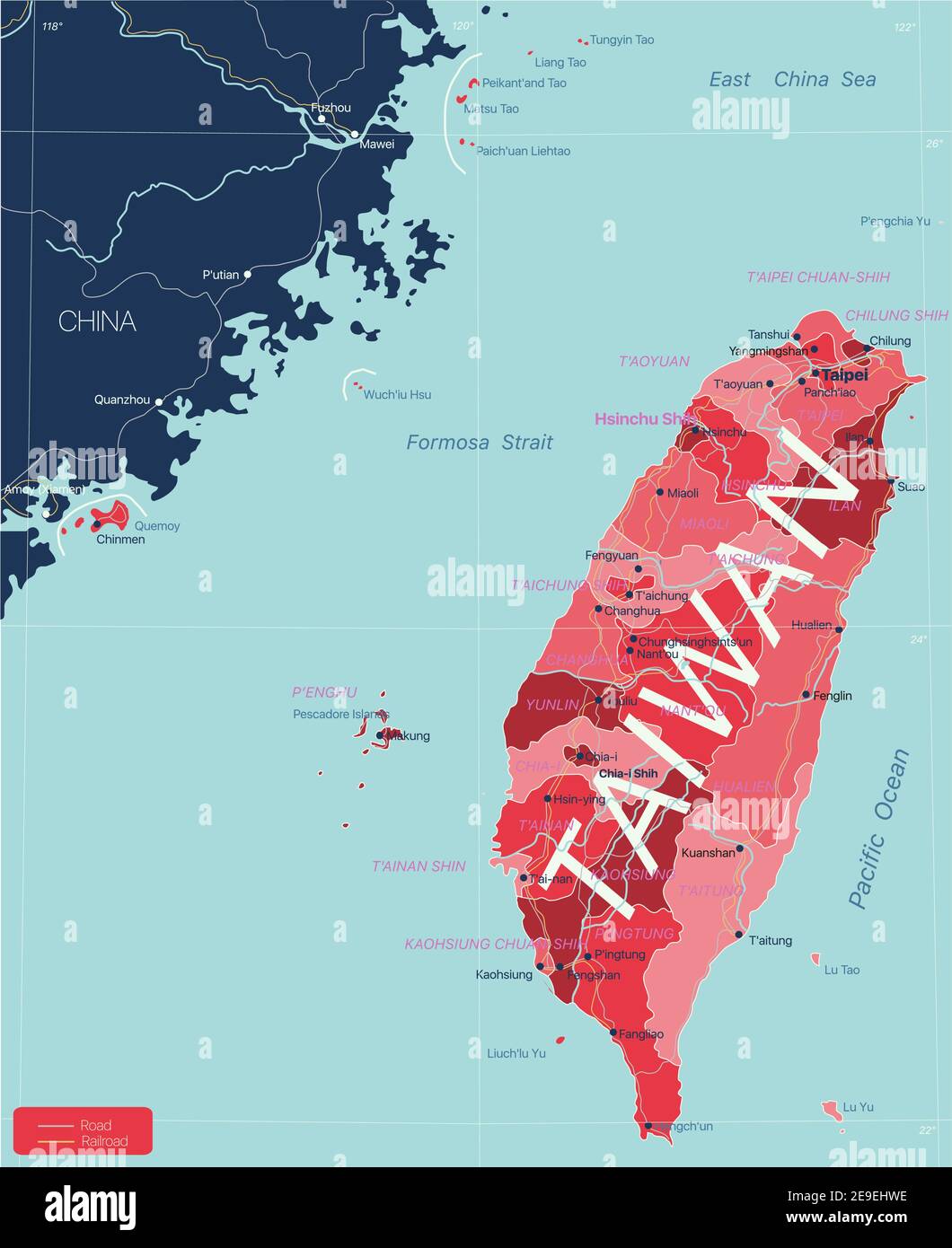Taiwan detailed editable map with regions cities and towns, roads and ...