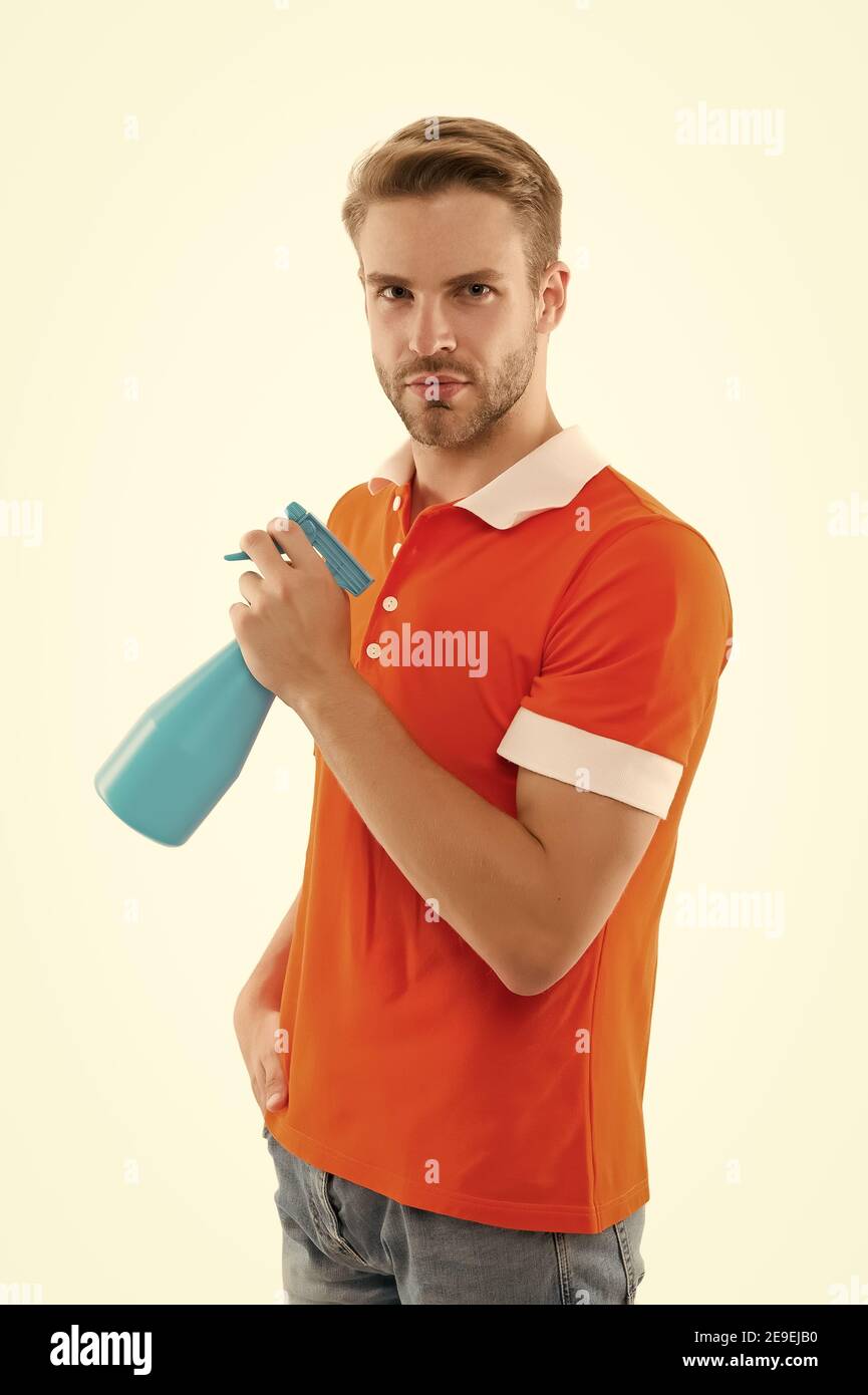 Humidifier therapy. Prevent dryness. Man hold mist sprayer. Easy Ways ...