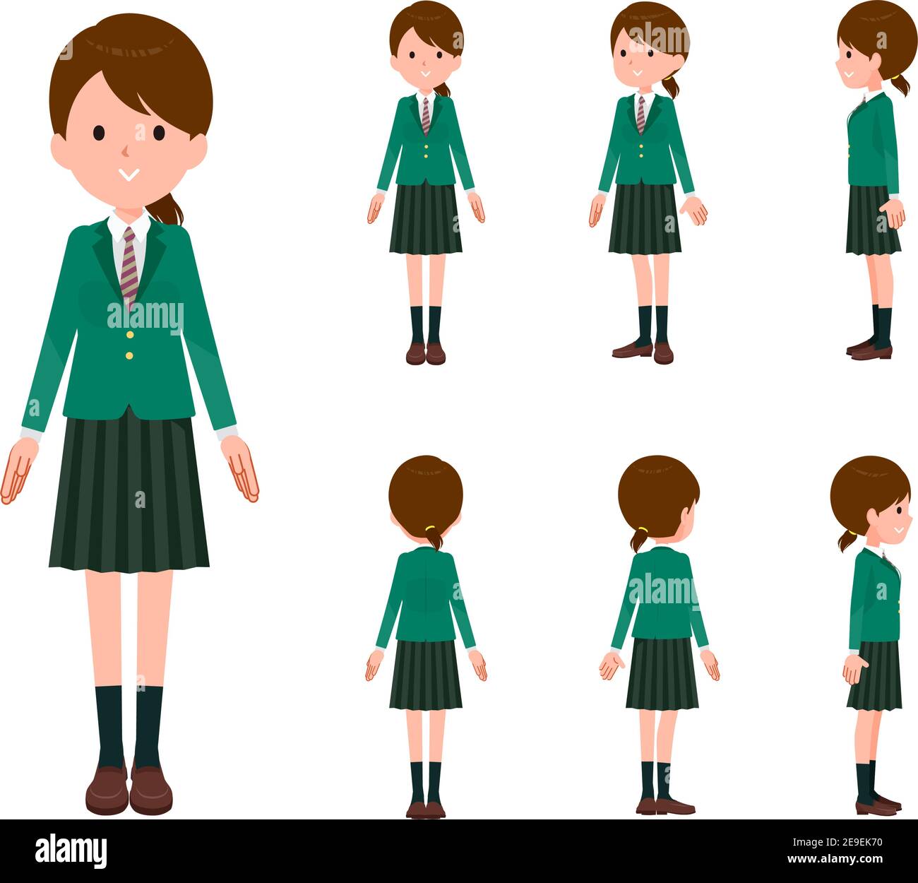 A set of schoolgirl standing.Front, side and back angles.It's vector ...