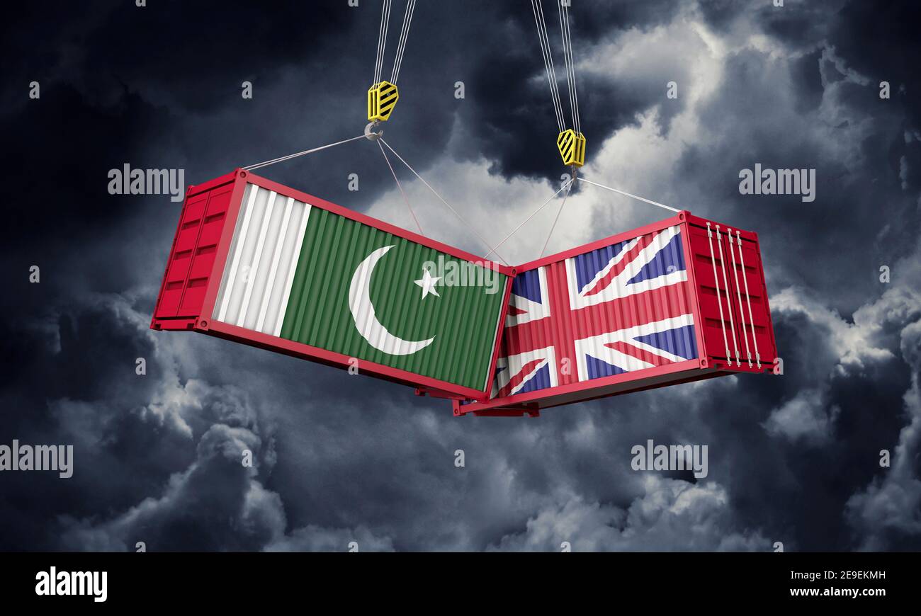 UK and Pakistan business trade deal. Clashing cargo containers. 3D ...