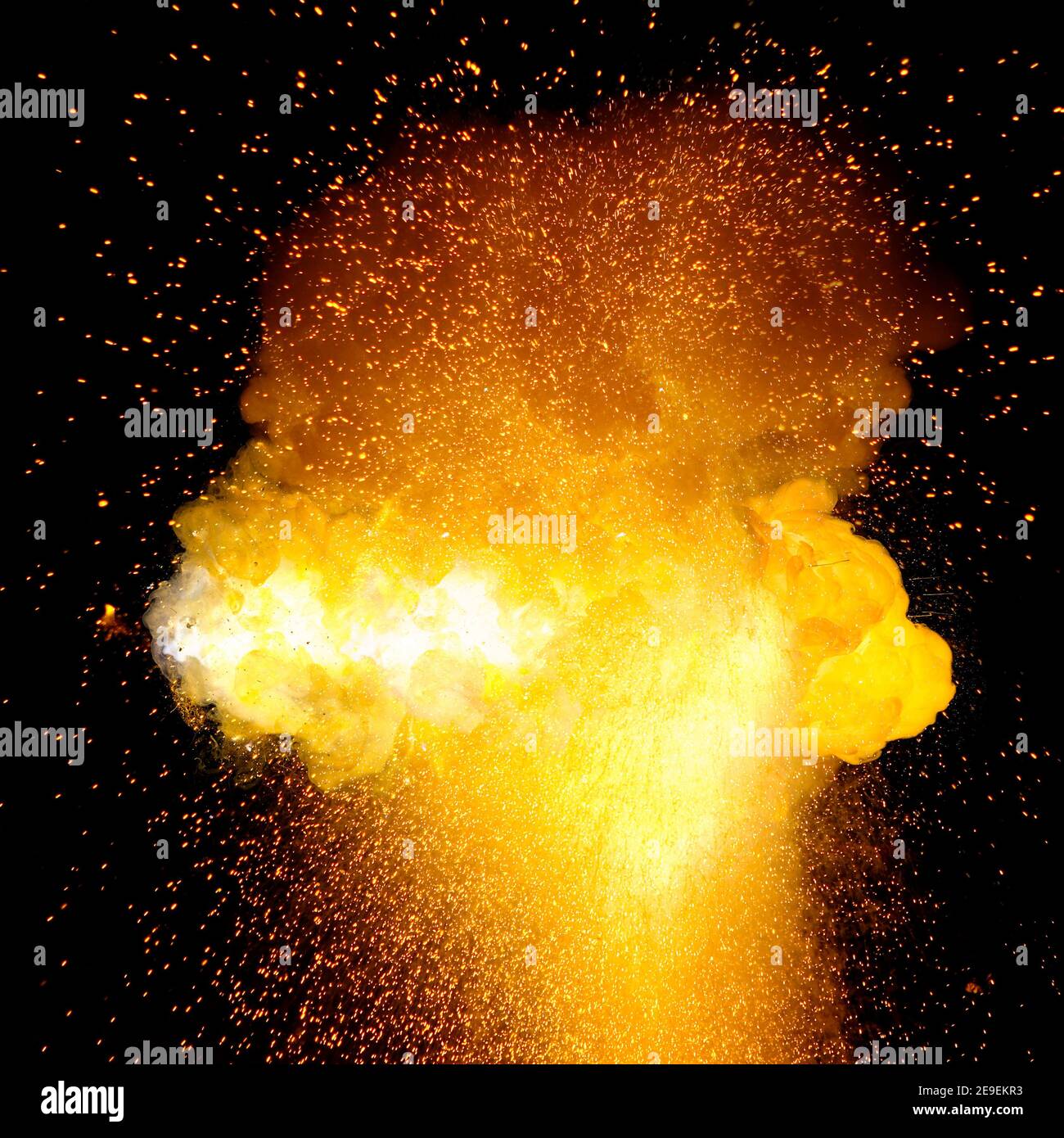 Fiery super bright bomb explosion, orange color with sparks and smoke ...