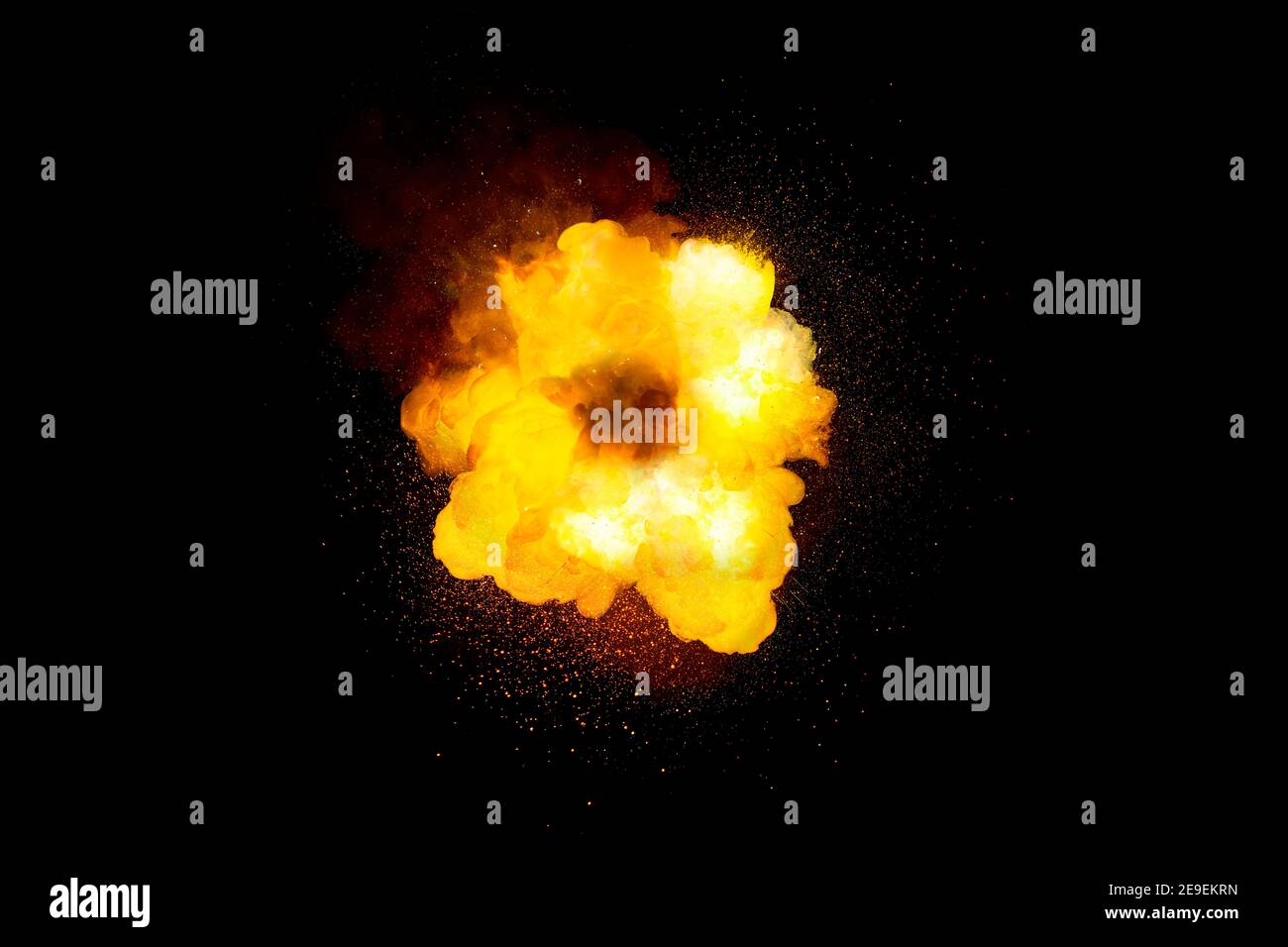 Fiery super bright bomb explosion, orange color with sparks and smoke ...