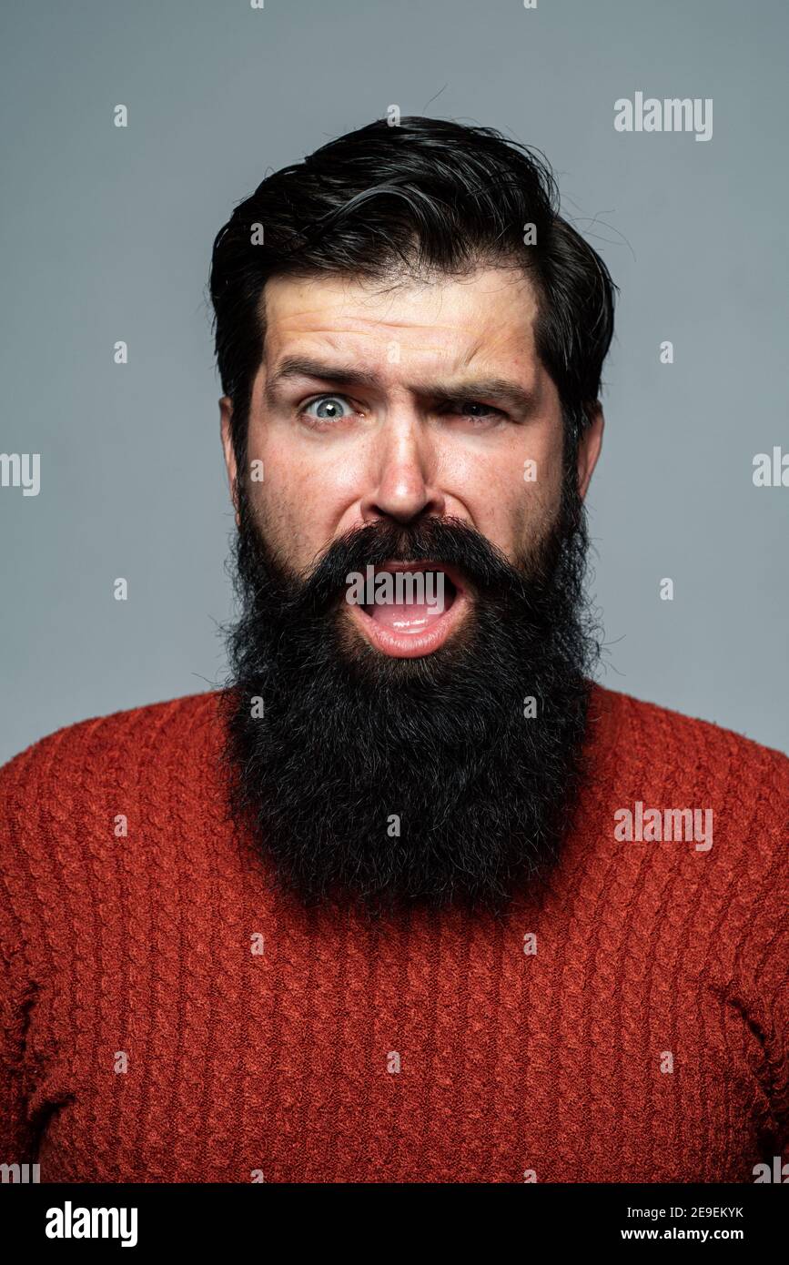 Confused bearded man portrait. People emotions. Excited face Stock ...