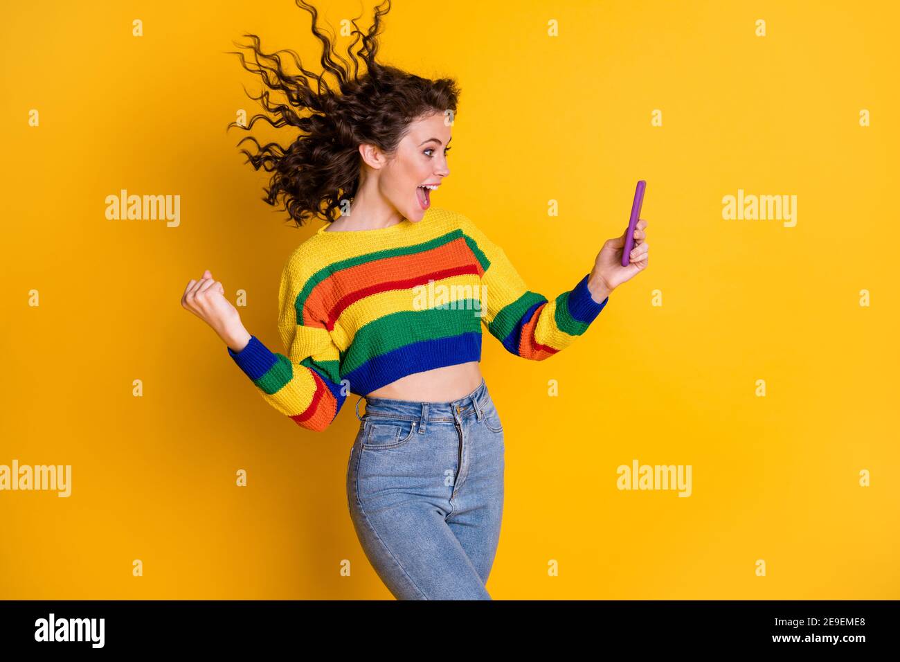 Photo of hooray pretty curly hair girl look telephone wear bright ...