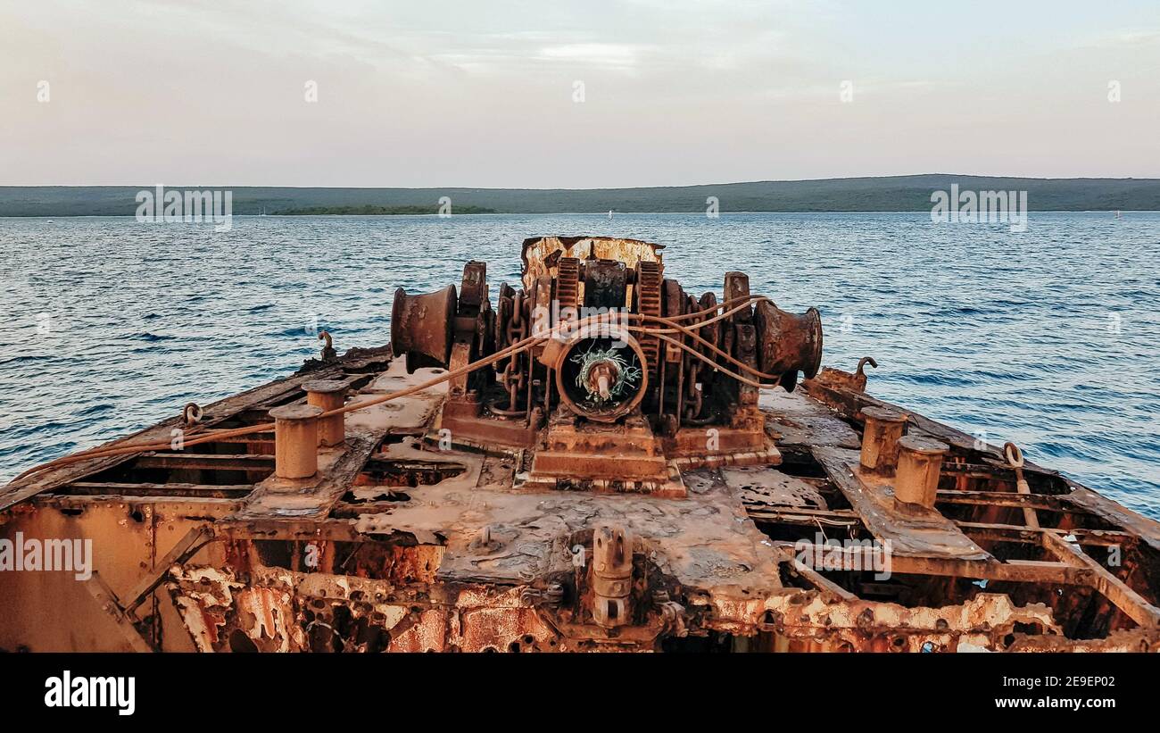Rusty bows on abandoned ship. Sea, nautical, chain link, anchor chain ...