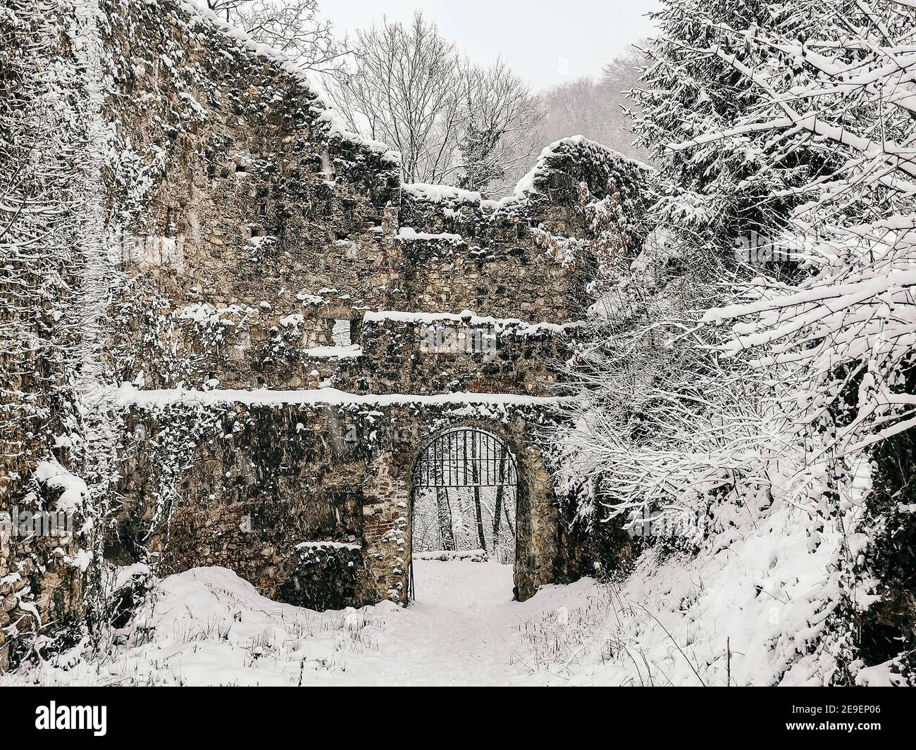 Old castle ruins in winter. Stone walls, fort, medieval, history ...