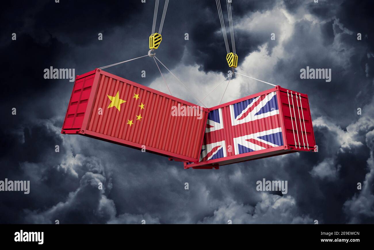 UK and China business trade deal. Clashing cargo containers. 3D Render ...