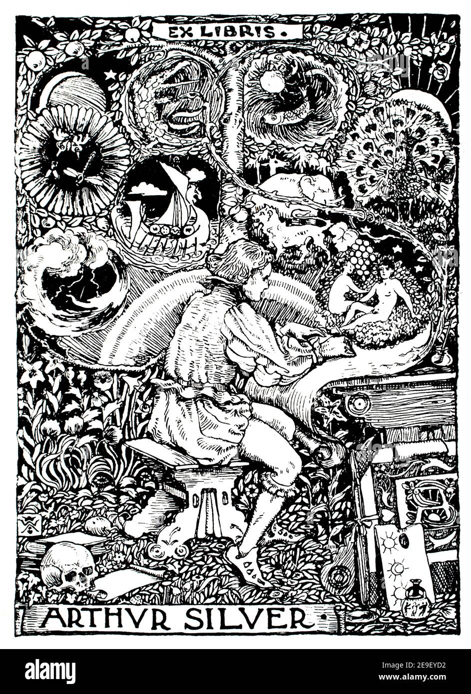 Ornate bookplate design for Silver Studio founder Arthur Silver, line ...