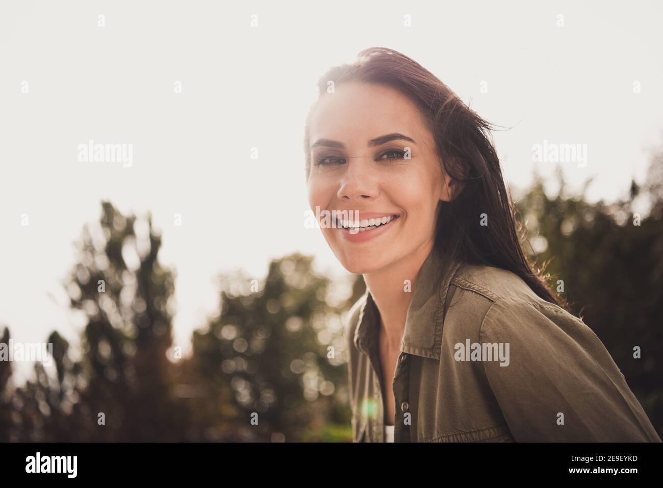 Photo of adorable sweet pretty young lady look camera sunny day wear ...