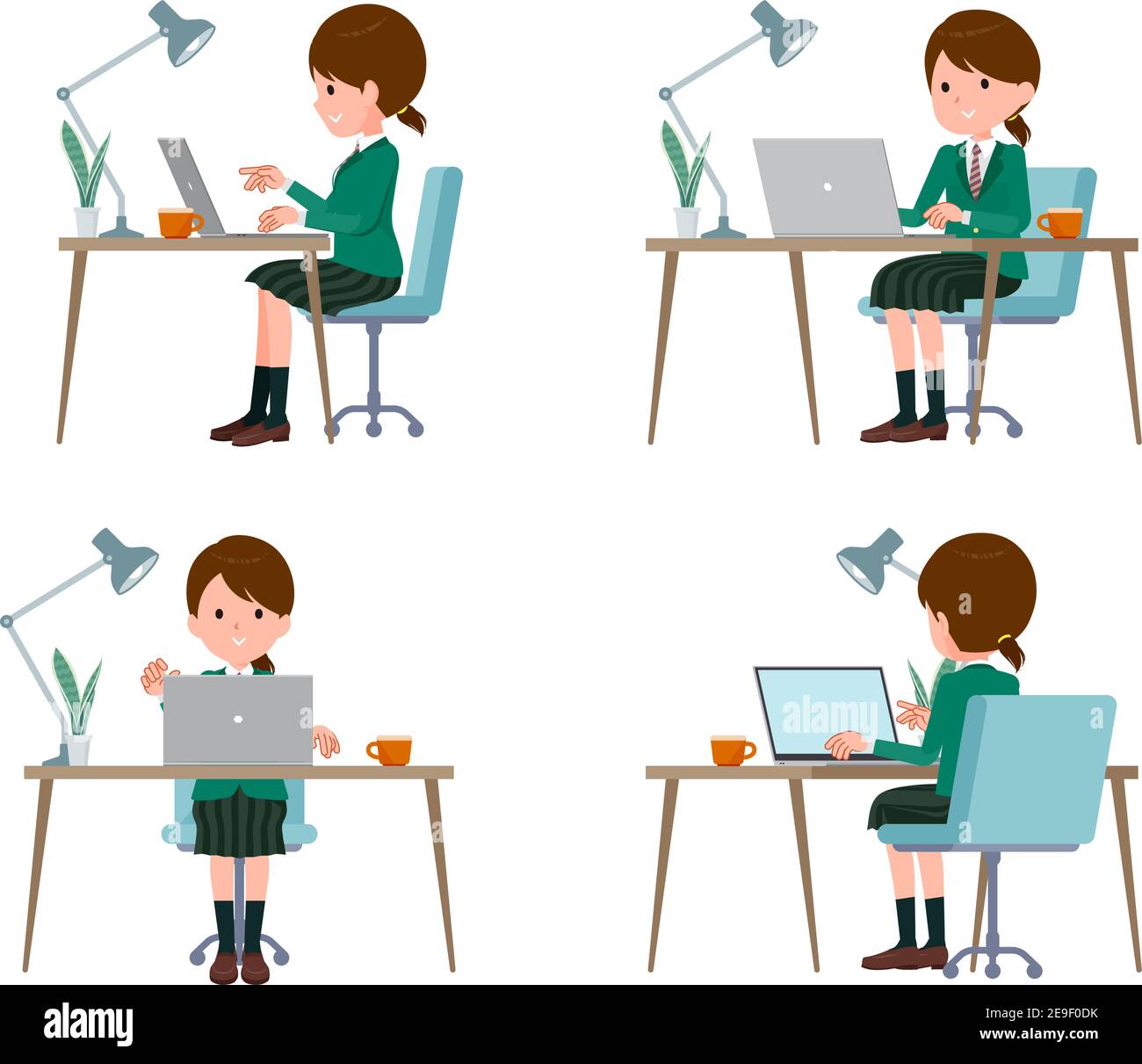 A set of schoolgirl working at a desk at a computer.It's vector art so ...