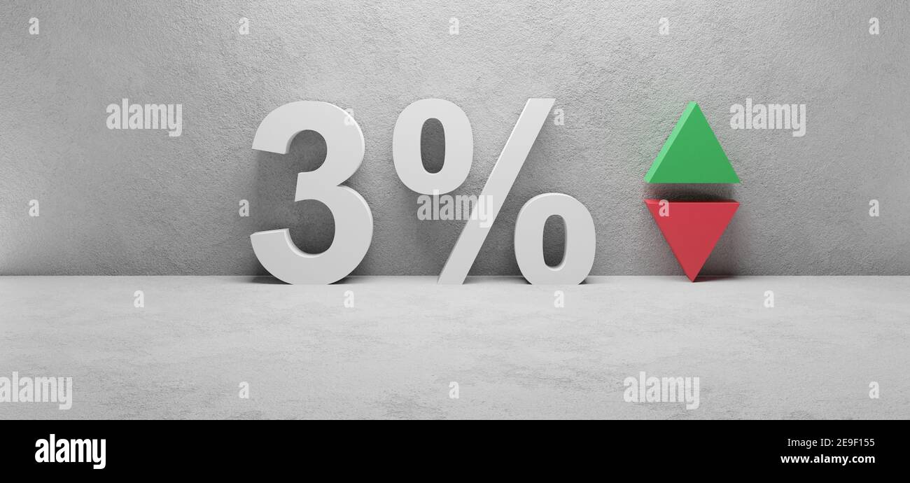 3D rendering of a 3 percent icon with green and red vertical arrows ...