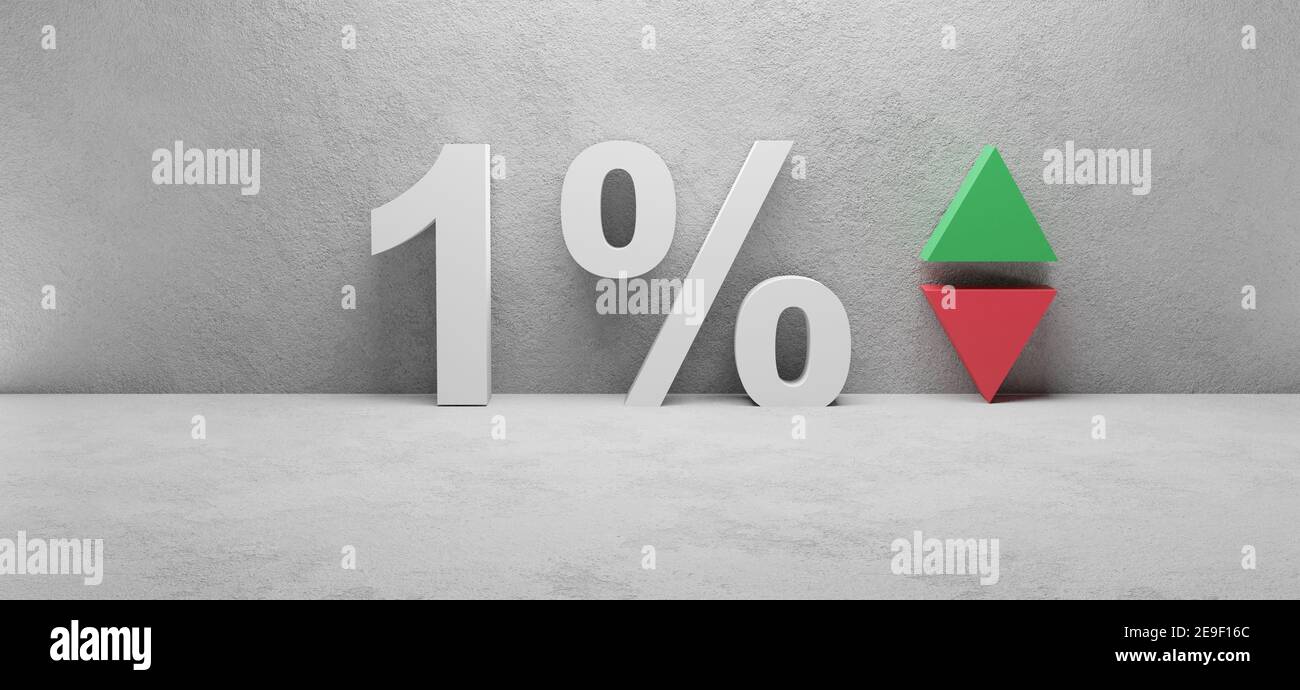 3D rendering of a 1 percent icon with green and red vertical arrows ...