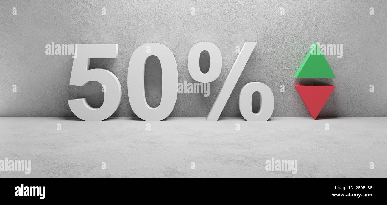 3D rendering of 50 percent icon with green and red vertical arrows next ...