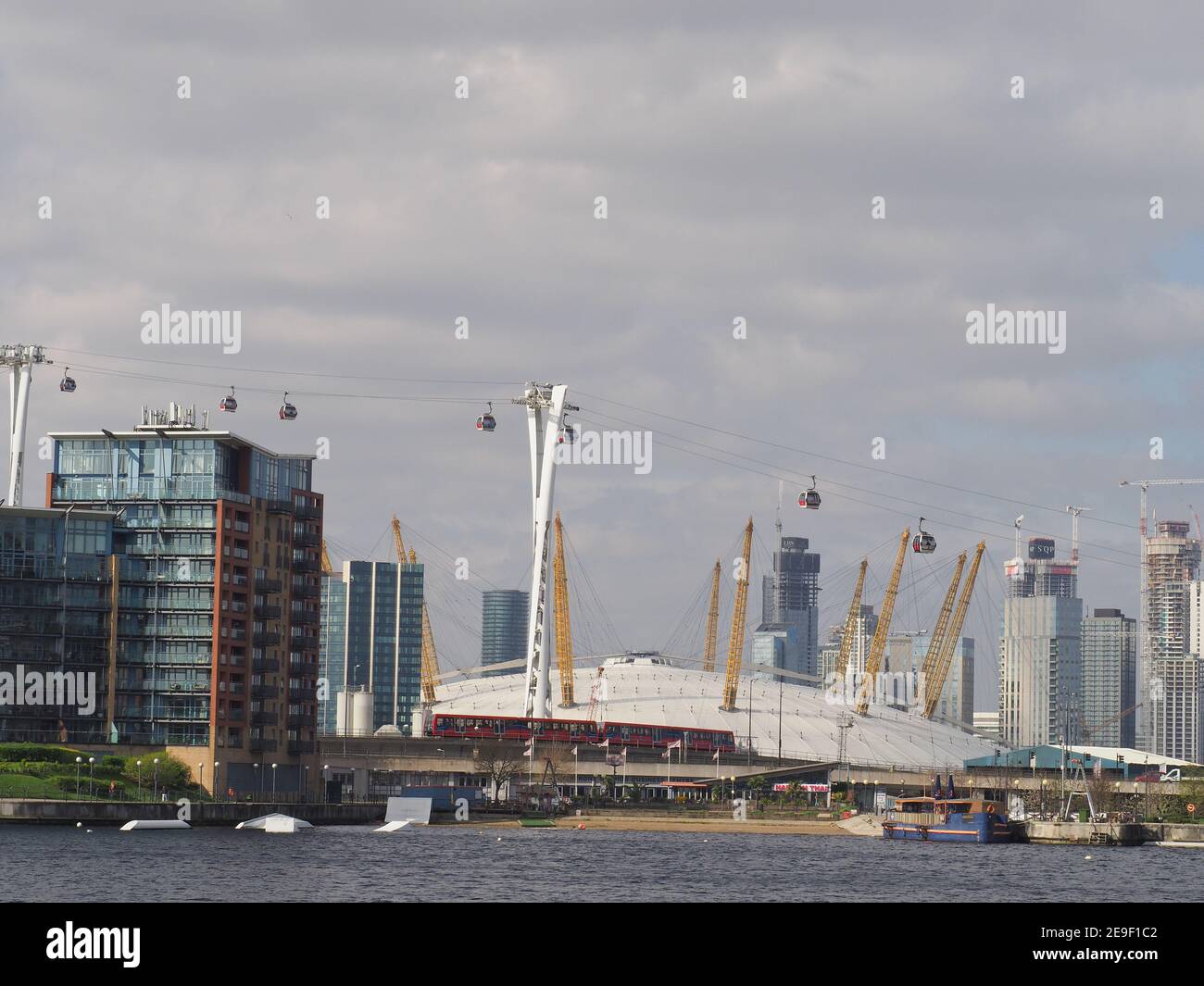 view of o2 Arena and cable cars in docklands in London, England, uk ...