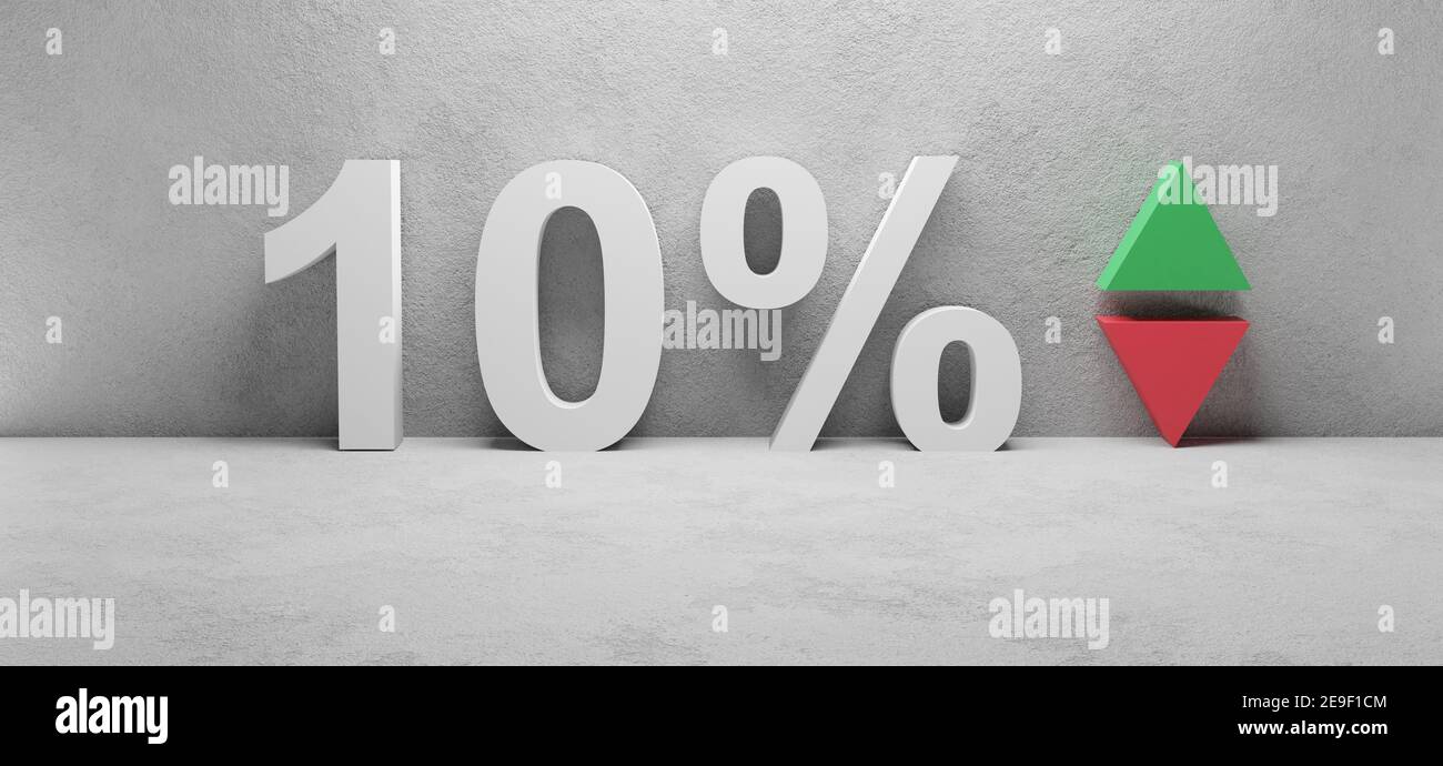 3D rendering of 10 percent icon with green and red vertical arrows next ...