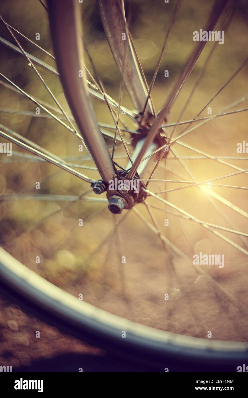 Forward wheel of the bicycle close up with bokeh Stock Photo - Alamy