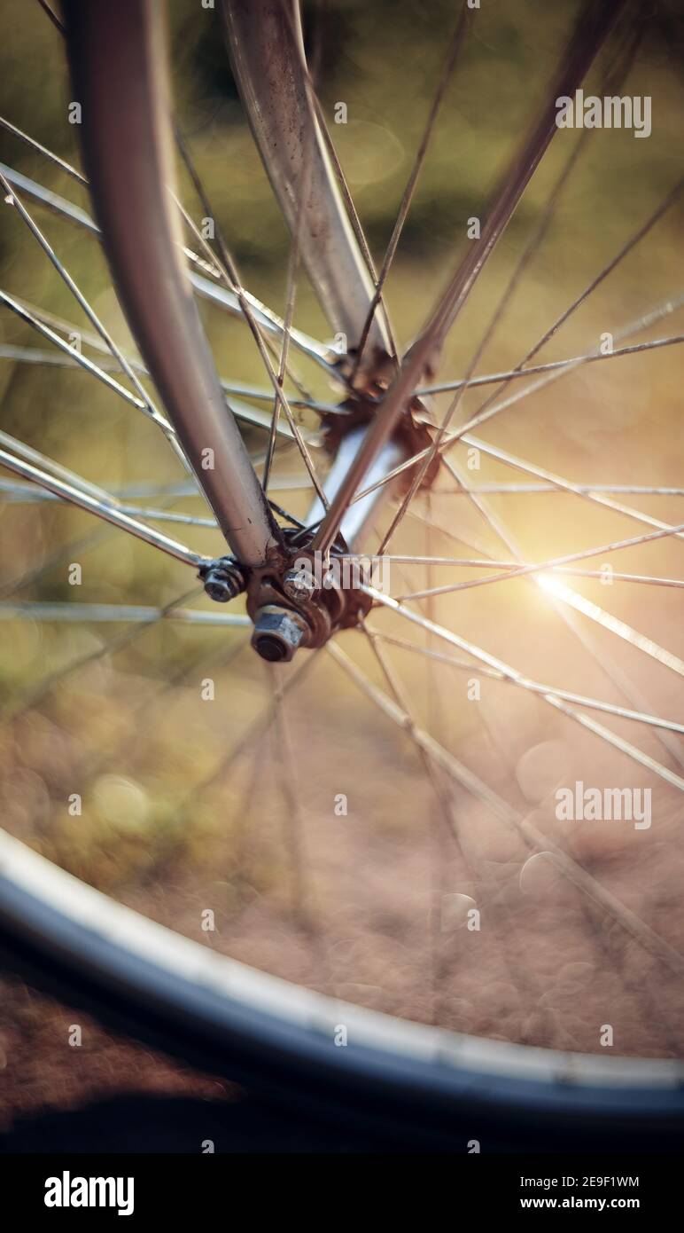 Forward wheel of the bicycle close up with bokeh Stock Photo - Alamy
