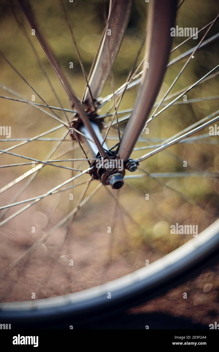 Forward wheel of the bicycle close up with bokeh Stock Photo - Alamy