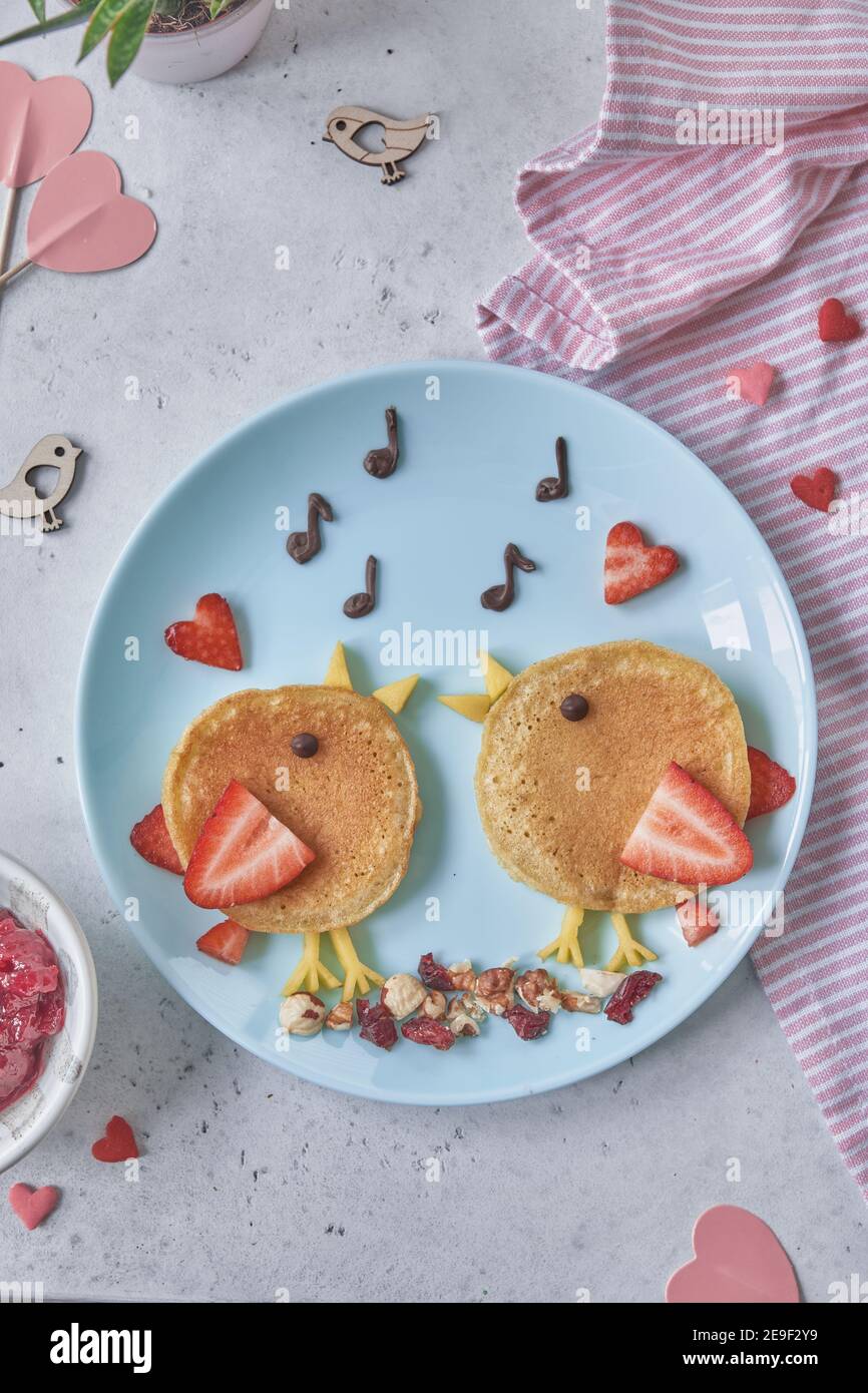 Creative idea for kids breakfast - funny pancakes shaped cute birds ...