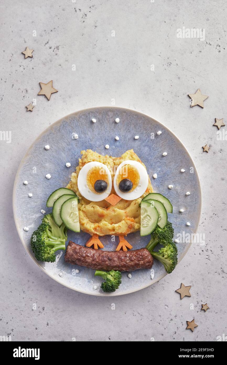 Funny owl mashed potato carrot vegetable puree with sausage for kids ...