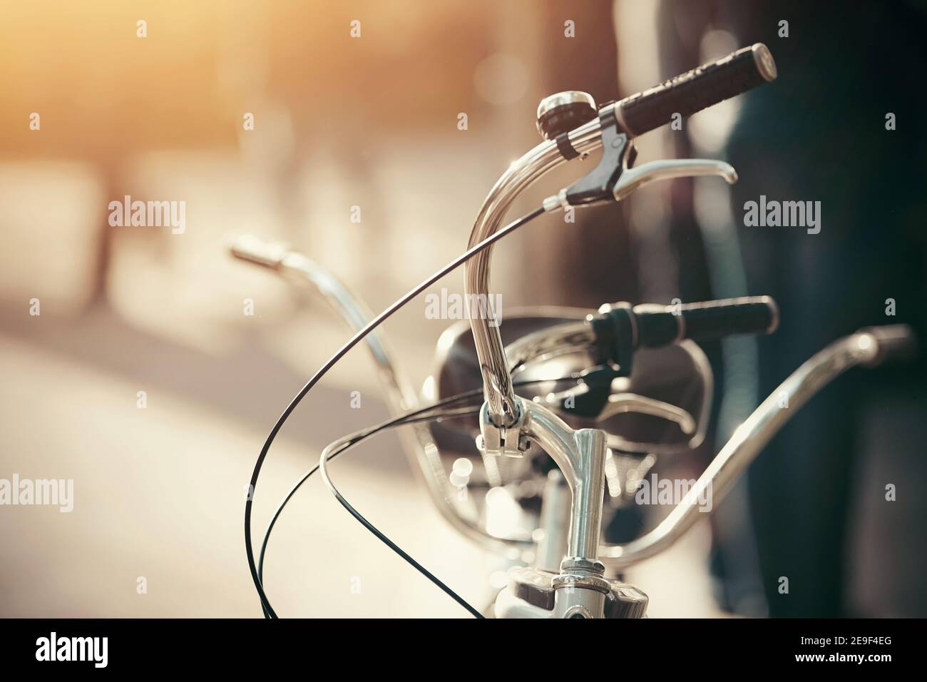 Shiny Bicycle handlebar with bell and brake. Outdoor activity Stock ...