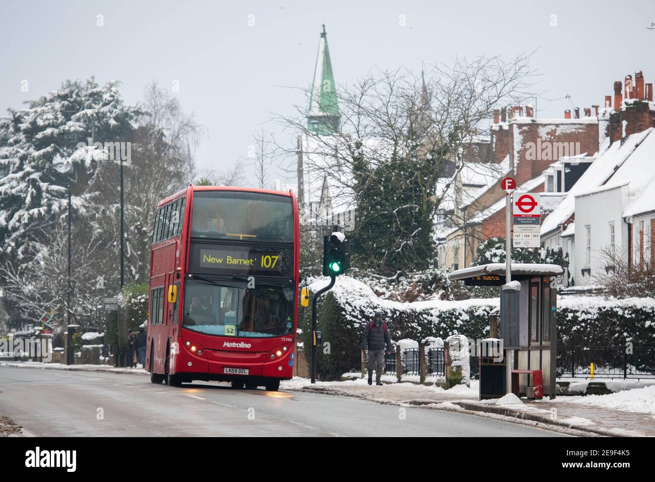 London snow. Barnet Church bus stop, Wood Street, Barnet. January 24 ...