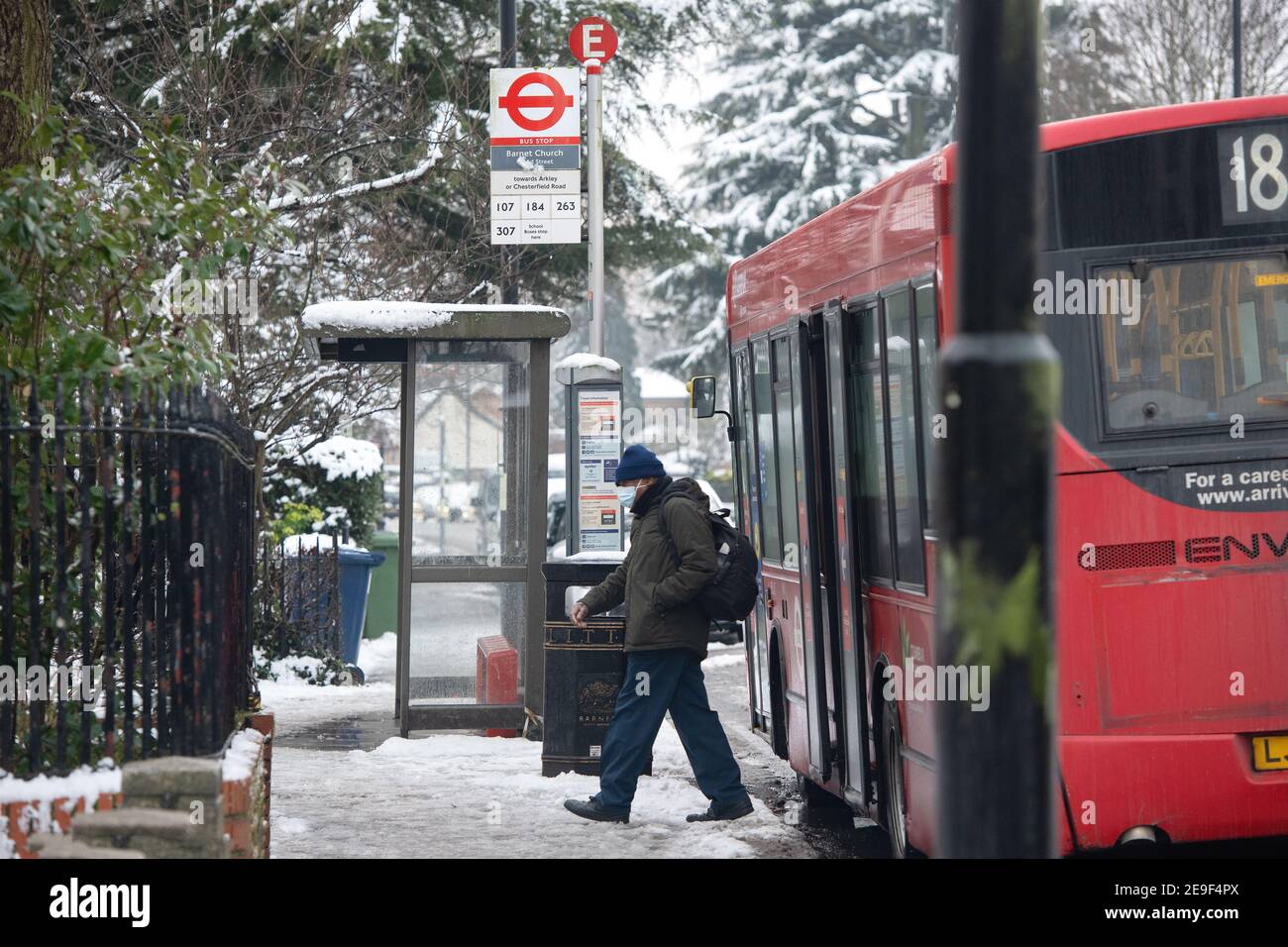 London snow. Barnet Church bus stop, Wood Street, Barnet. January 24 ...