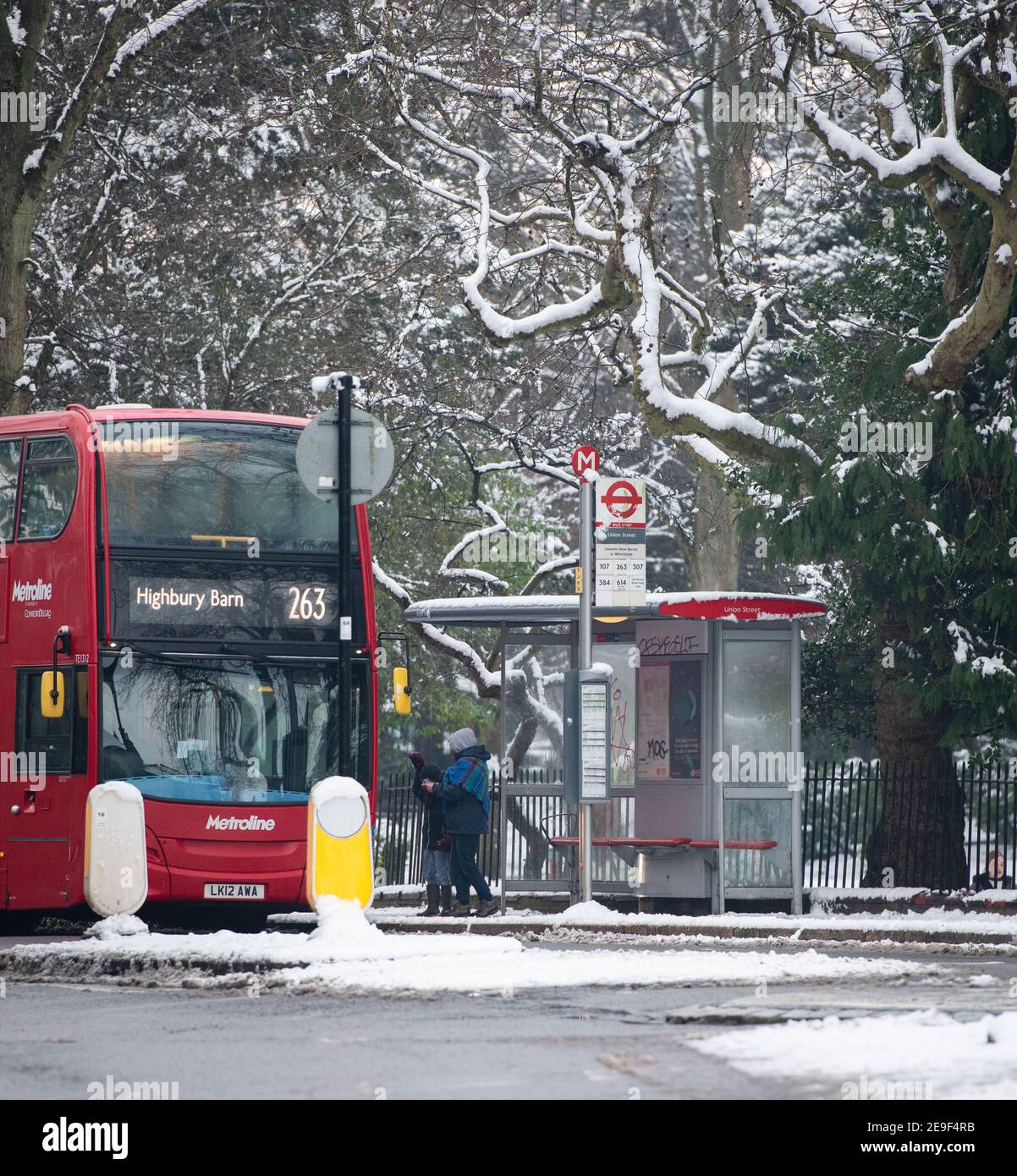 London snow. Union Street, bus stop, Barnet. January 24, 2021. NB NO ...