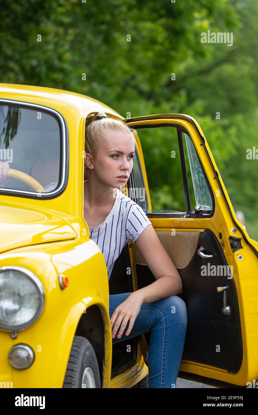 Woman driver. Girl in retro car. Old fashion automobile style Stock ...